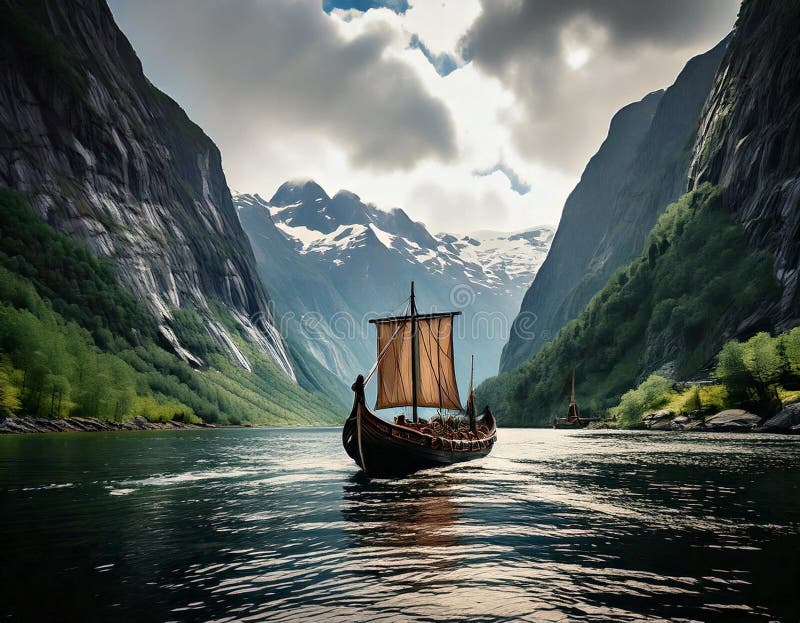 Viking Ship Sails between Huge Mountains of a Fjord. AI Generated Image ...