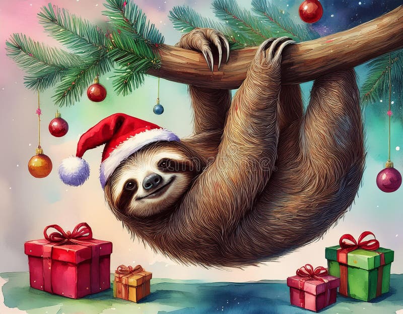 Christmas Sloth in Tree Cartoon Stock Image - Image of decoration ...