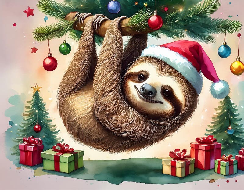 Christmas Sloth in Tree Cartoon Stock Photo - Image of santa ...