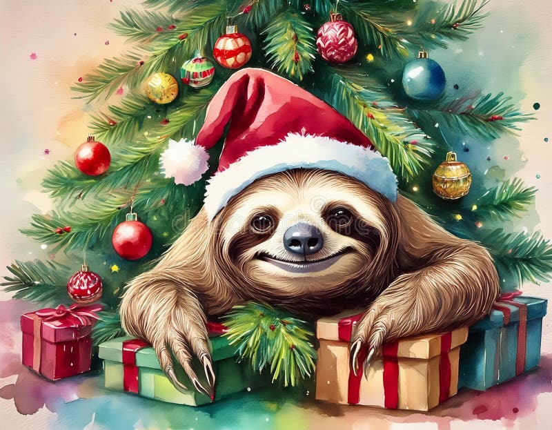 Christmas Sloth in Tree Cartoon Stock Photo - Image of greetings, santa ...