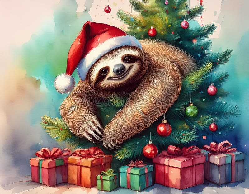 Christmas Sloth in Tree Cartoon Stock Image - Image of tree, sloth ...
