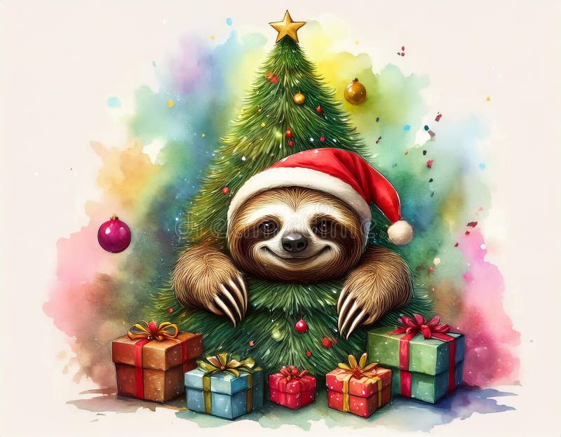 Christmas Sloth in Tree Cartoon Stock Photo - Image of sloth, greetings ...