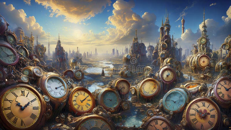 Generated Image Colorful City of Melting Clocks Illusion Stock ...