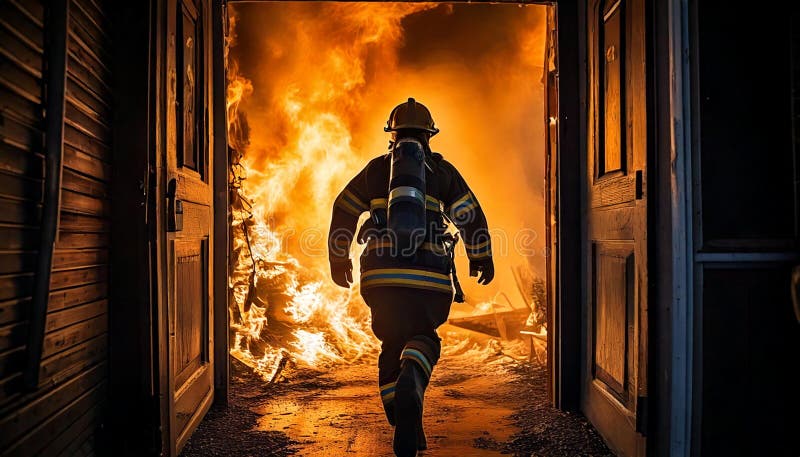Fire Fighter, Running into Burning House Stock Illustration ...
