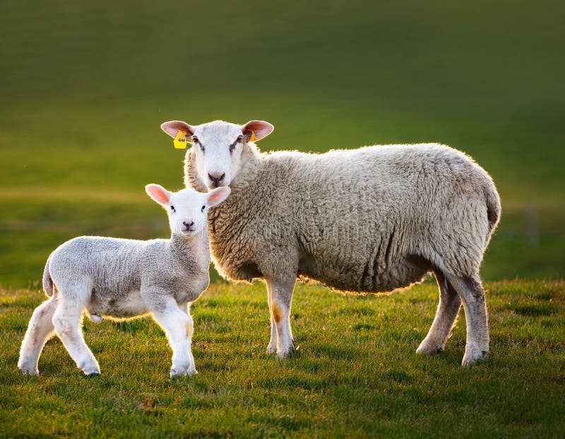 Cloned Sheep. British Breed of Sheep and Lamb Funny Posing on a Green ...