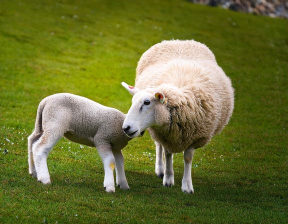 Cloned Sheep. British Breed of Sheep and Lamb Funny Posing on a Green ...
