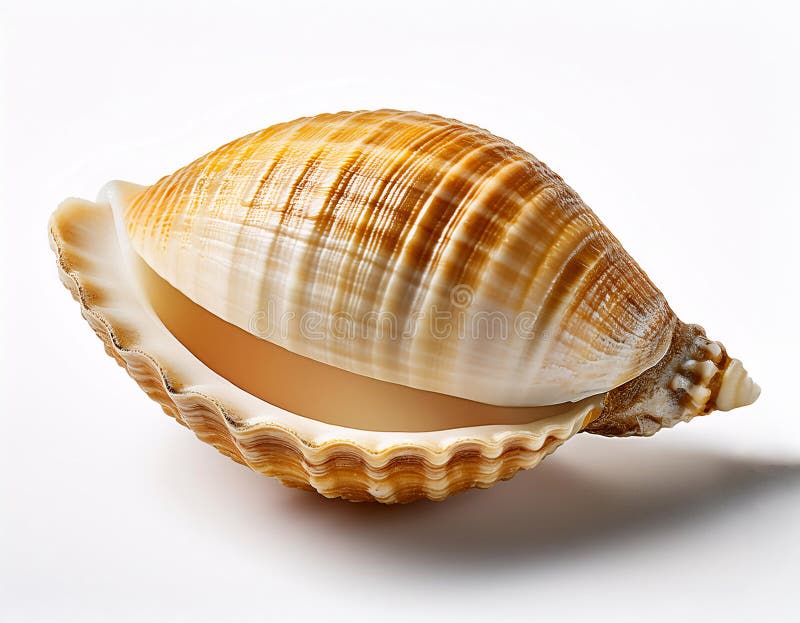 A Large Seashell with a Brown and White Striped Pattern, Open To Reveal ...