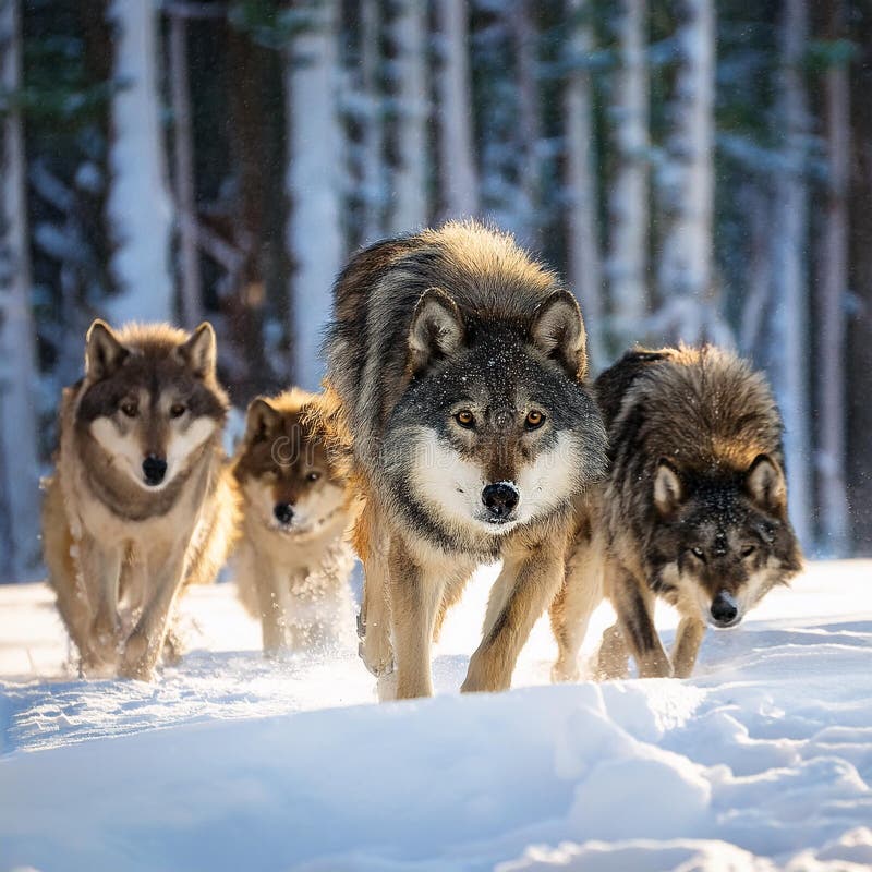 Wintertime Wolf Pack through Snow Closeup Stock Image - Image of forest ...