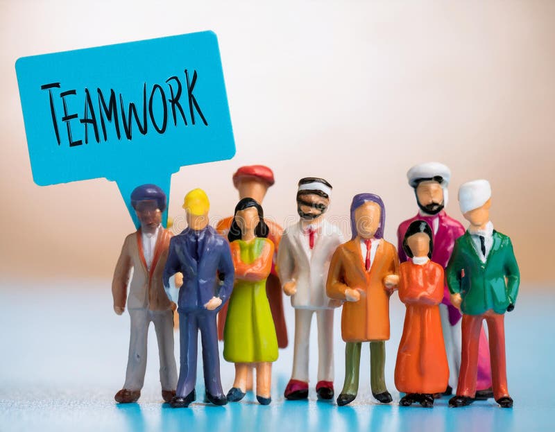 Group of Miniature People and Colorful Teamwork Message Stock ...