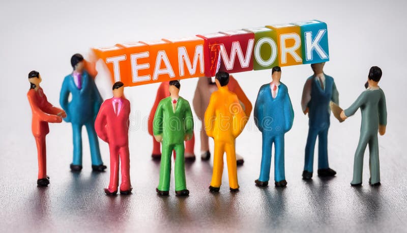 Group of Miniature People and Colorful Teamwork Message Stock ...