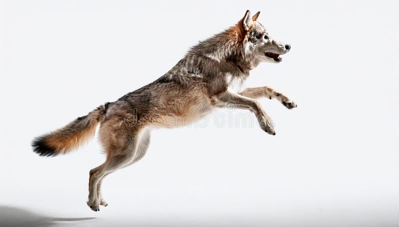 Wolf Jumping on White Background with Back Light, Studio Stock ...
