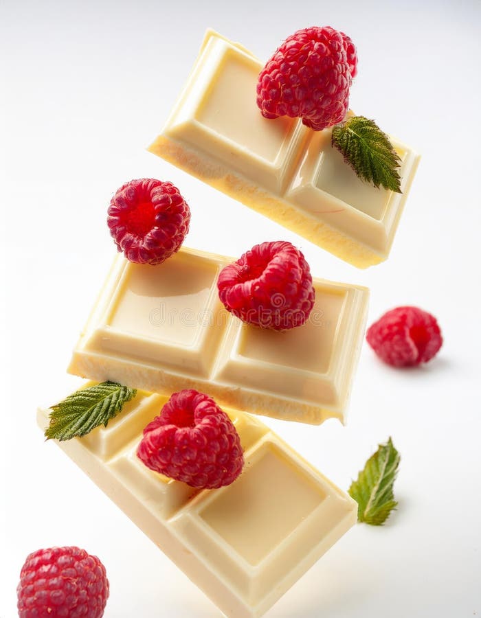 Pieces of White Chocolate with Raspberries Falling on White Background ...