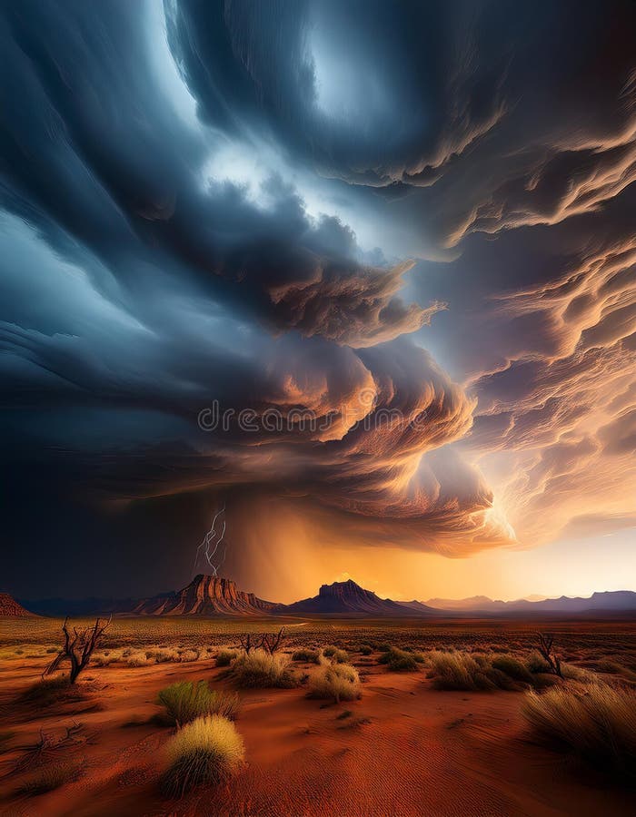 Dramatic Stormy Sky Over Desert. 3D Rendering Stock Illustration ...