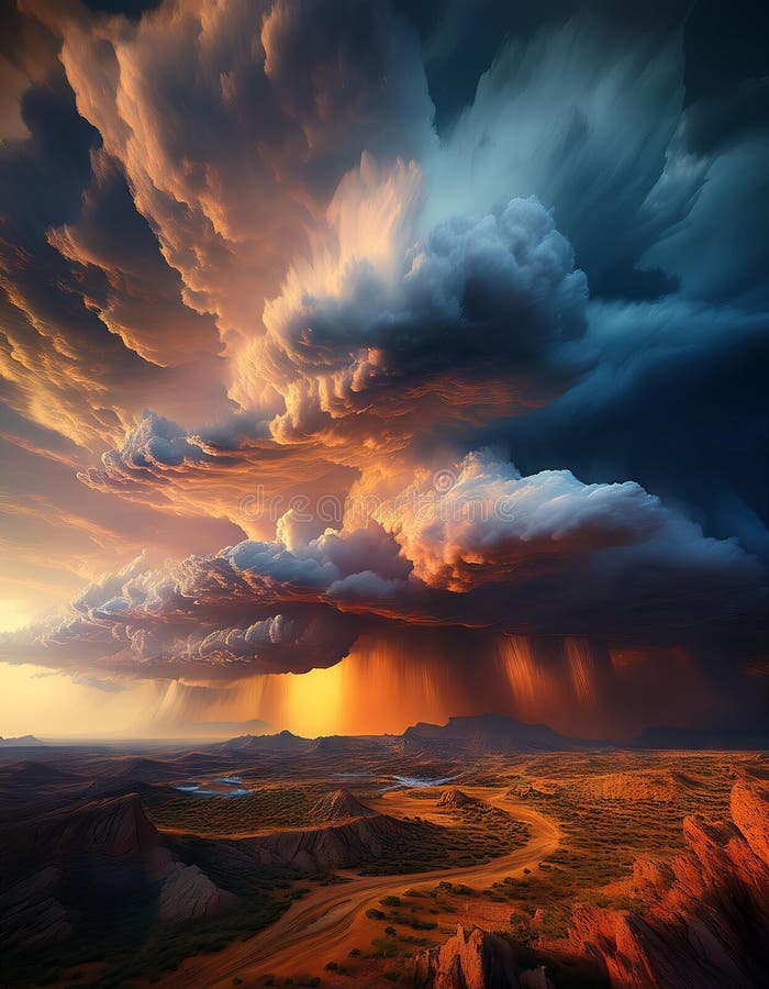 Dramatic Stormy Sky Over Desert. 3D Rendering Stock Illustration ...