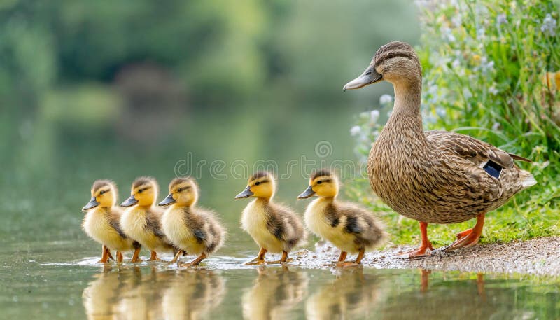 A Cute Group of Ducklings Waddling in a Row Behind Their Adult Duck ...
