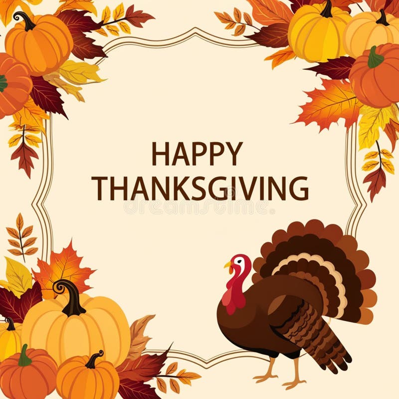 Happy Thanksgiving Banner with Turkey, Leaves and Pumpkins - Square ...