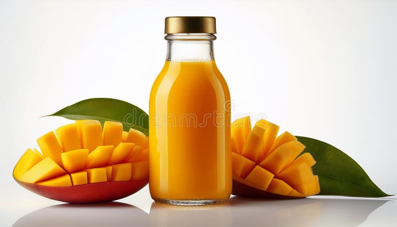Fresh Mango Juice in Glass Bottle with Sliced Fruit and Leaves AI ...