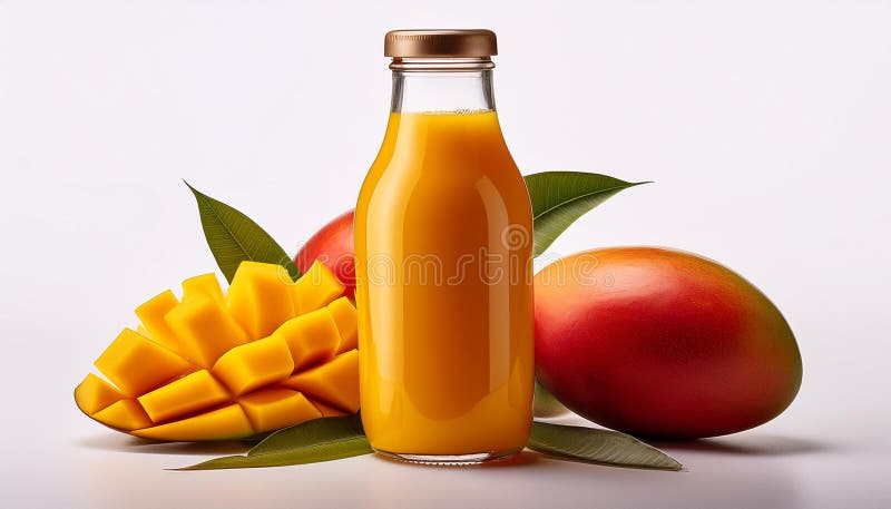 Fresh Mango Juice in Glass Bottle with Whole and Sliced Mangoes and ...