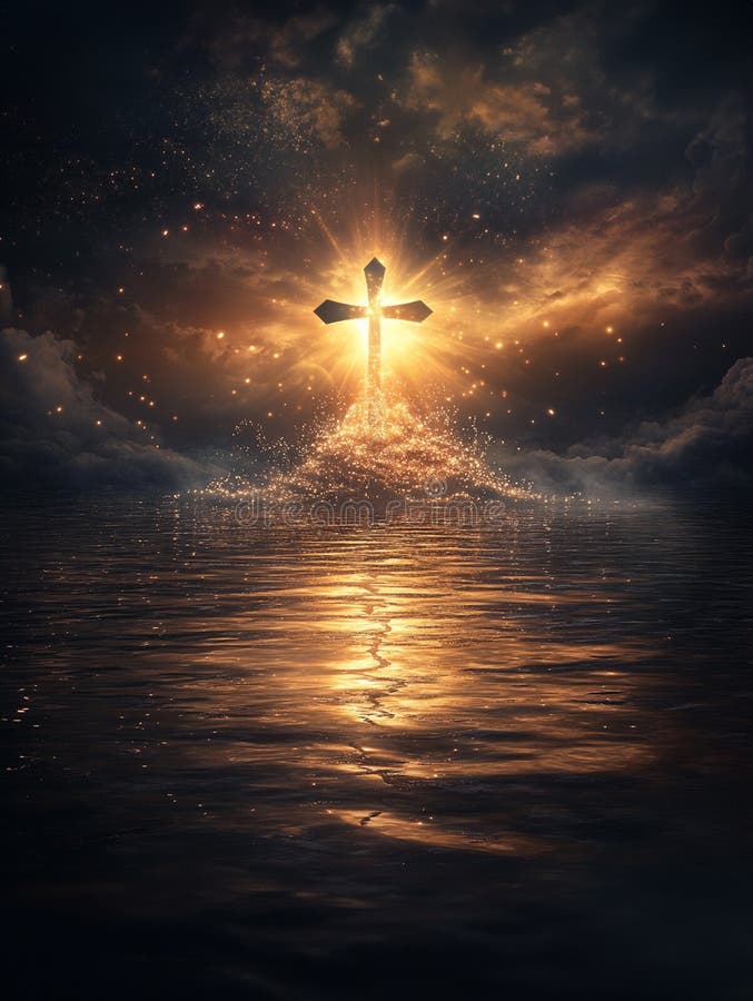 Glowing Cross Over Water. Generative AI Stock Illustration ...