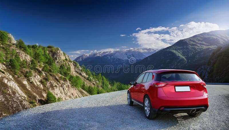 A New Red Car Pulled Over on the Side of a Remote Mountain Road Stock ...
