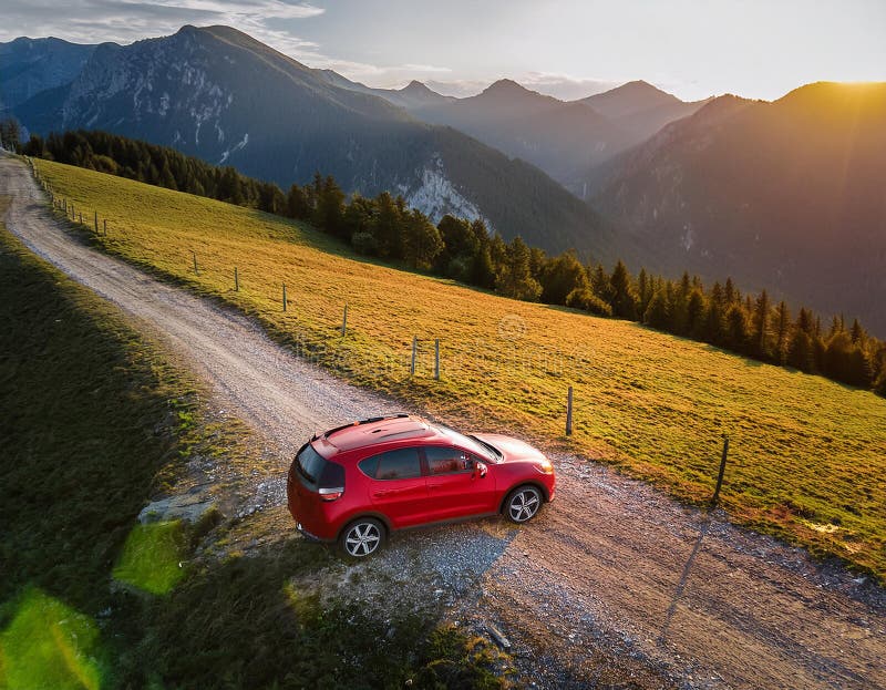 A New Red Car Pulled Over on the Side of a Remote Mountain Road Stock ...