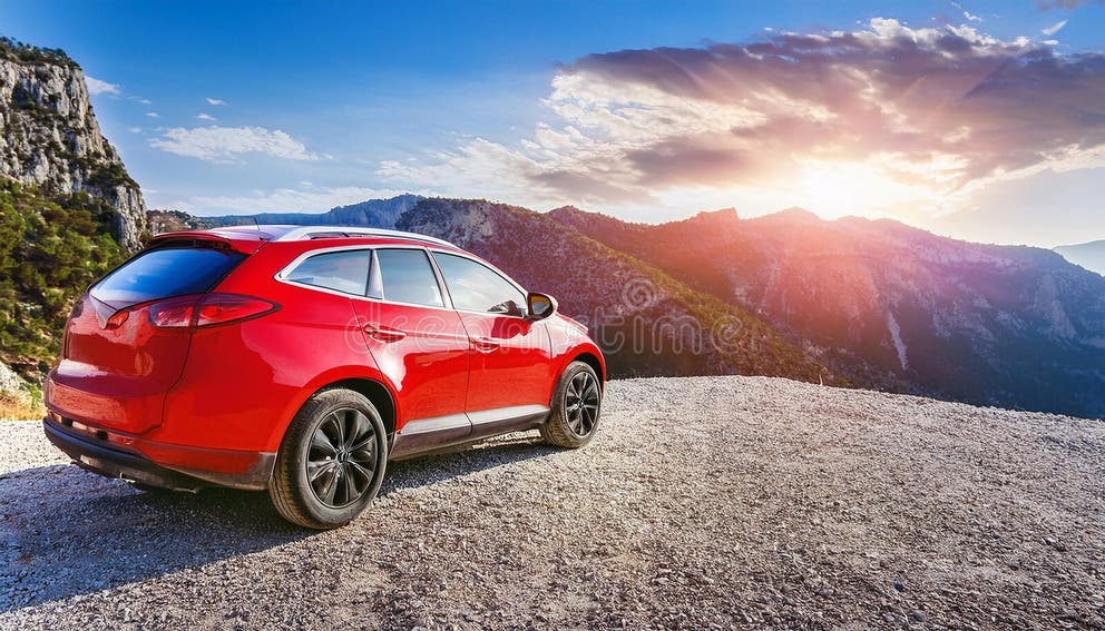 A New Red Car Pulled Over on the Side of a Remote Mountain Road Stock ...