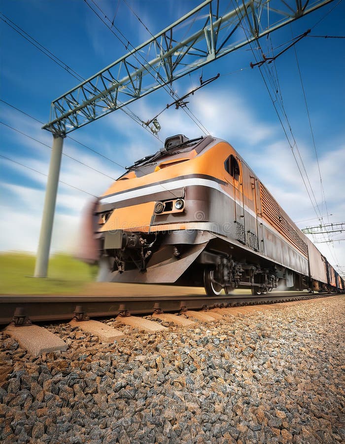 Speeding Locomotive. a Runaway Freight Train with Wheels Off the Ground ...