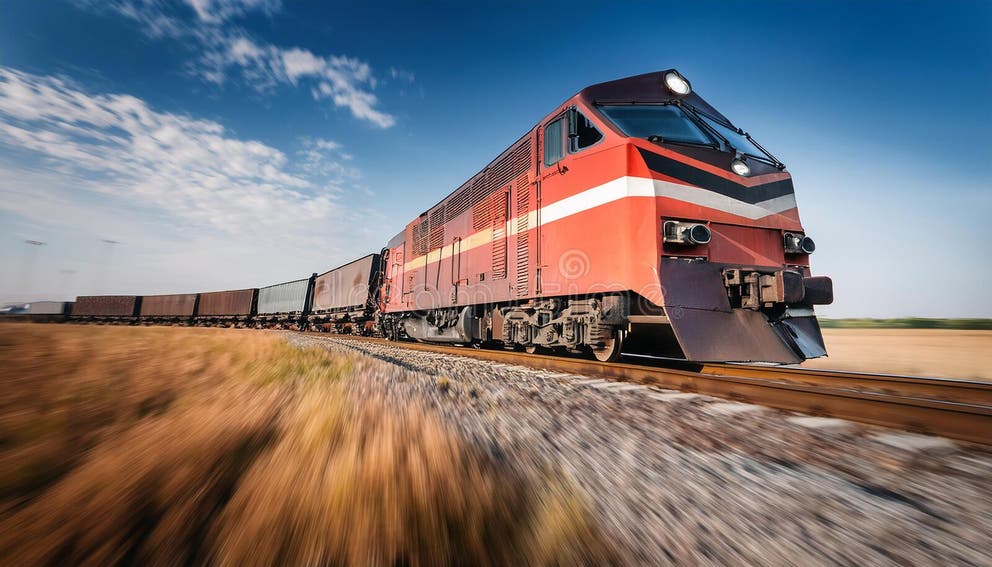 Speeding Locomotive. a Runaway Freight Train with Wheels Off the Ground ...