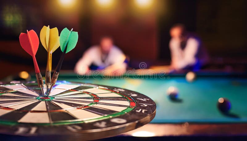 Three Darts in a Dart Board with a Pool Game in the Background, Games ...