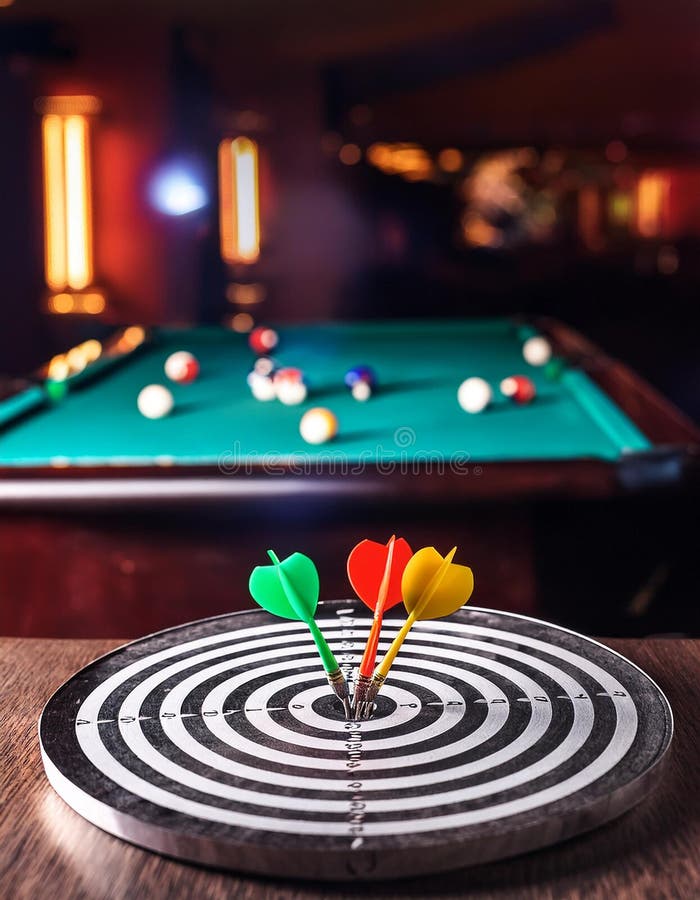Three Darts in a Dart Board with a Pool Game in the Background, Games ...