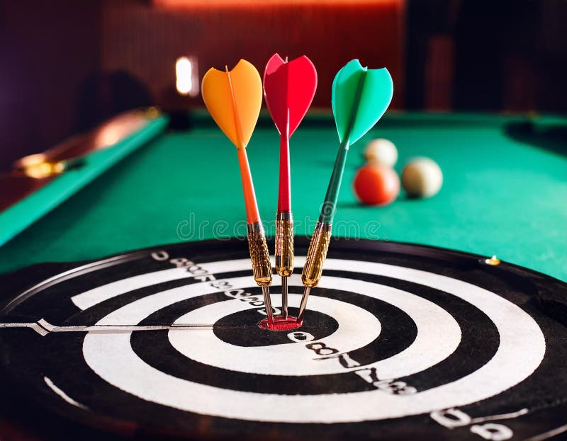 Three Darts in a Dart Board with a Pool Game in the Background, Games ...