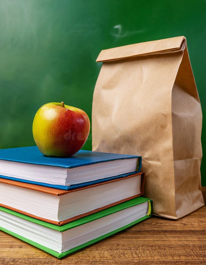 Back To School, School Books with Apple and Paper Bag Lunch on Desk ...