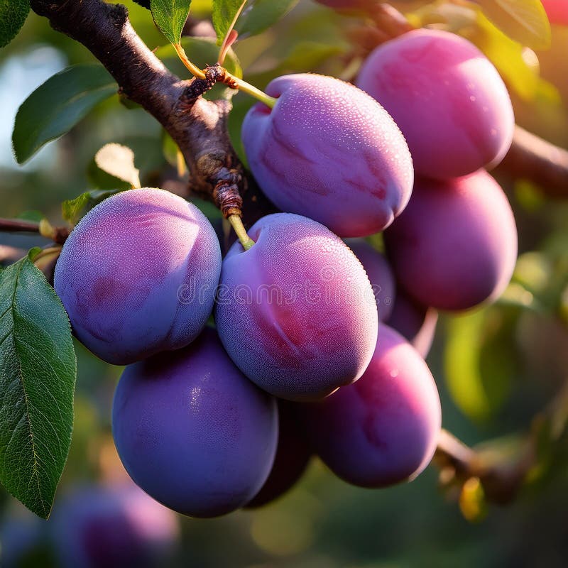Plums on the Tree. Close Up of Ripe Purple Italian Plums Grouped ...