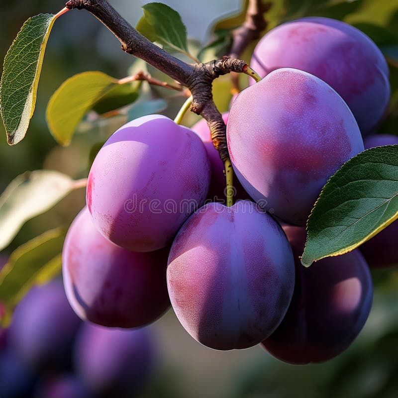 Plums on the Tree. Close Up of Ripe Purple Italian Plums Grouped ...