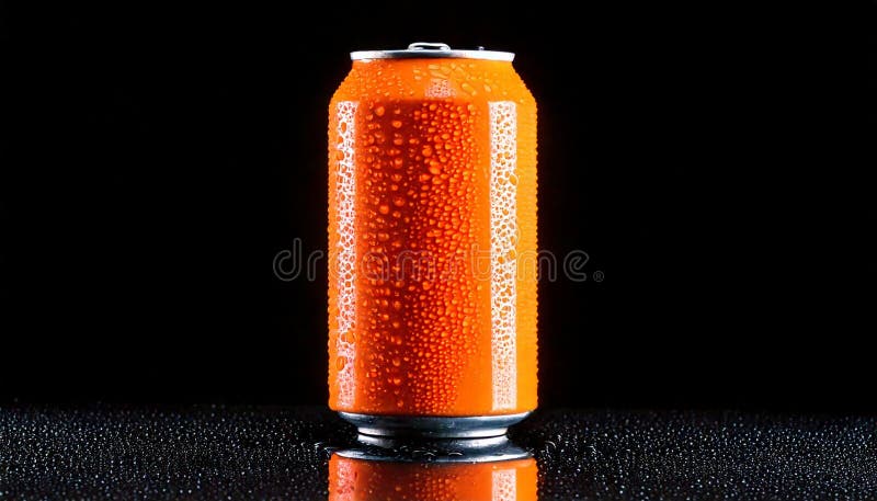 Vivid Refreshment Orange Can with Droplets on Black Canvas Stock ...