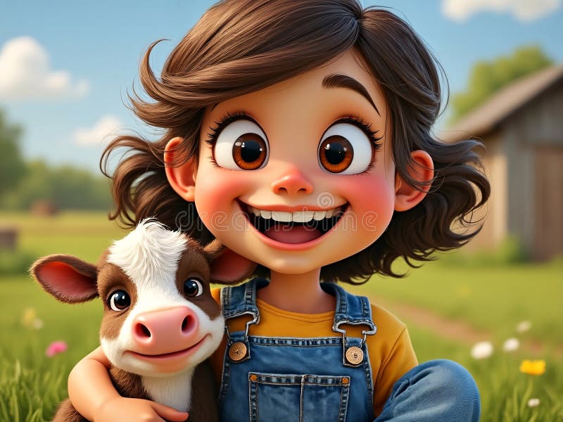 Cheerful Baby Girl Cartoon Caricature Wearing Jean Overalls Next To a ...