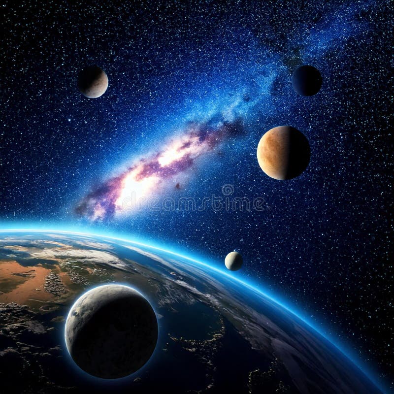 Planets in Space: Milky Way, Earth, and Starry Sky Stock Illustration ...