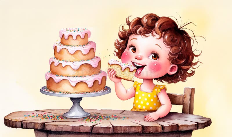 Cute Little Girl Eating Cake. Watercolor Illustration Stock ...
