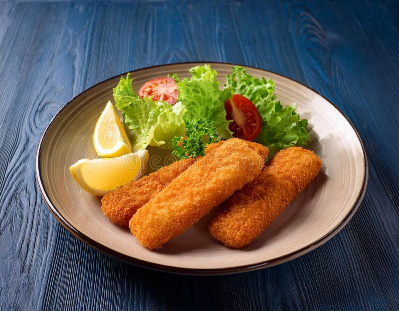 Plate of Fish Fingers with Lemon and Salad Stock Illustration ...