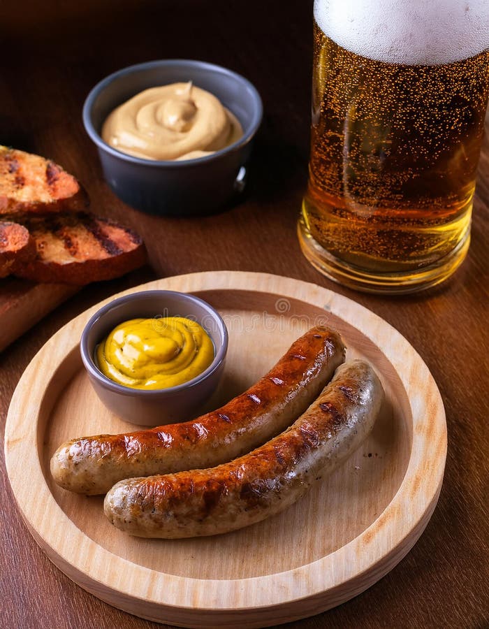 German Style Sausage. Bratwurst Sausage with Beer and Mustard Stock ...