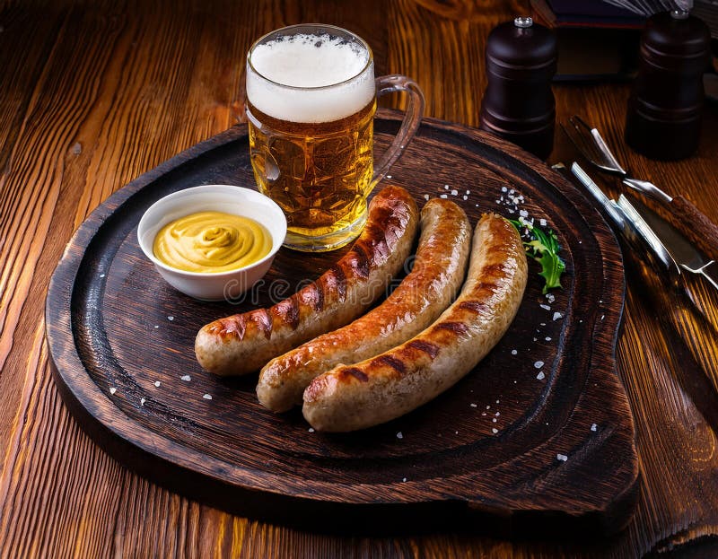 German Style Sausage. Bratwurst Sausage with Beer and Mustard Stock ...