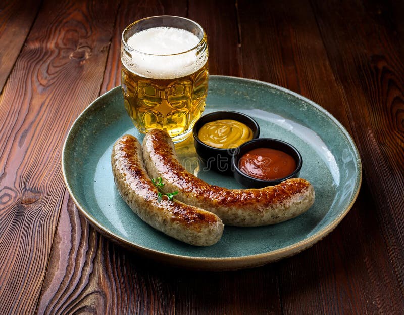 German Style Sausage. Bratwurst Sausage with Beer and Mustard Stock ...