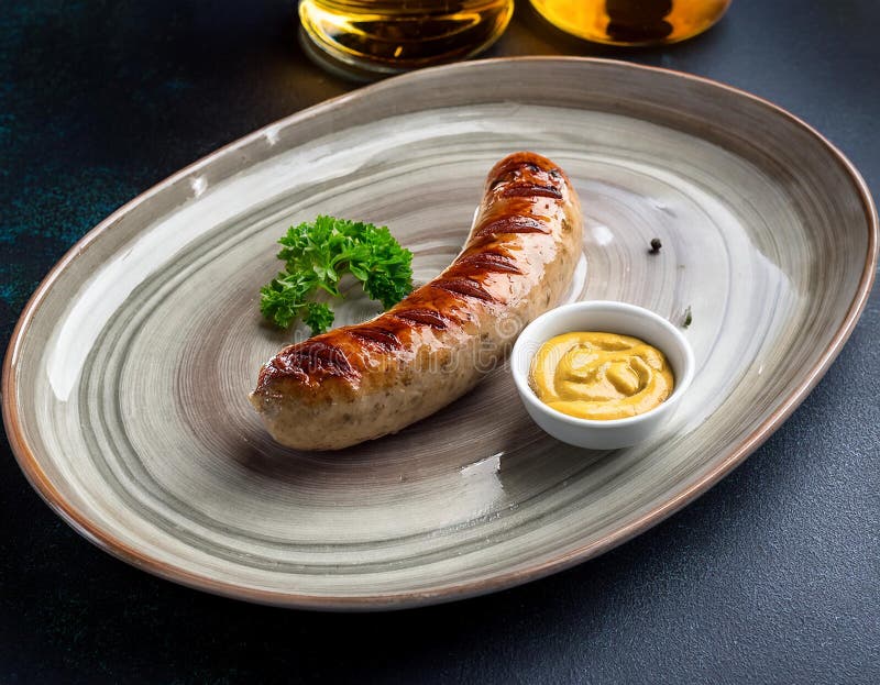 German Style Sausage. Bratwurst Sausage with Beer and Mustard Stock ...