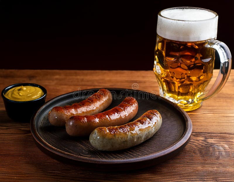 German Style Sausage. Bratwurst Sausage with Beer and Mustard Stock ...