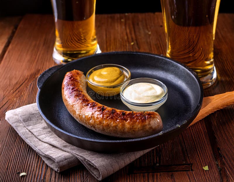German Style Sausage. Bratwurst Sausage with Beer and Mustard Stock ...