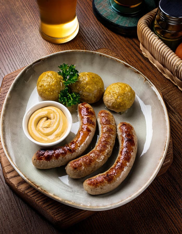 German Style Sausage. Bratwurst Sausage with Beer and Mustard Stock ...