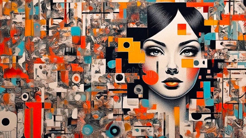 Modern Collage Portrait of a Woman, Colorful Squares in Minimalist Art ...