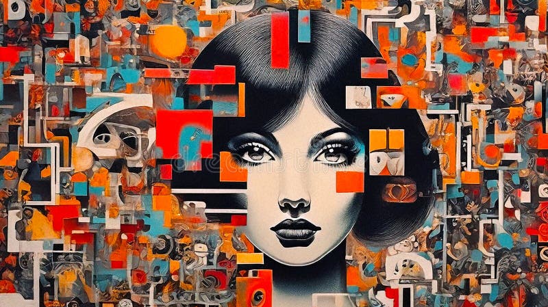 Modern Collage Portrait of a Woman, Colorful Squares in Minimalist Art ...