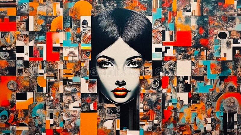 Modern Collage Portrait of a Woman, Colorful Squares in Minimalist Art ...