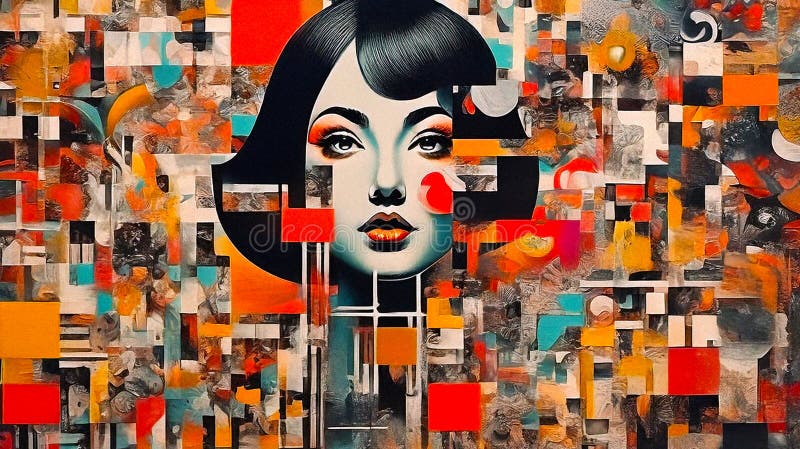 Modern Collage Portrait of a Woman, Colorful Squares in Minimalist Art ...